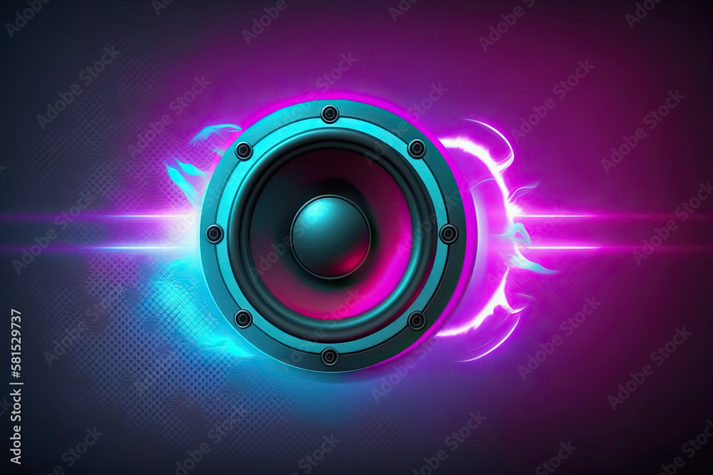 Sound speakers on dark background with neon lights. Set for listening ...