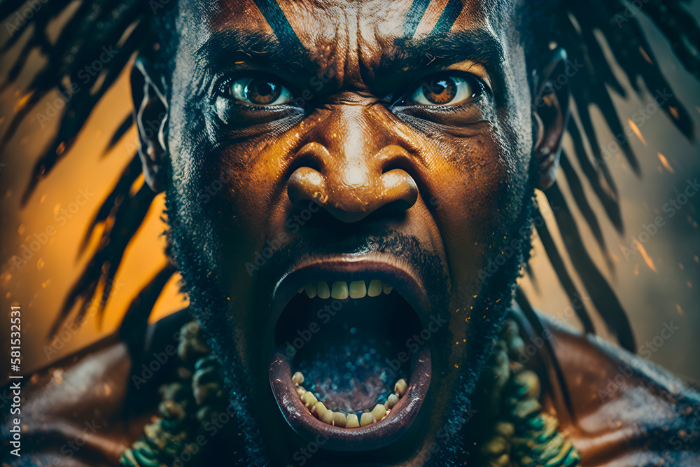 African American male screaming with a menacing look, opening his mouth ...