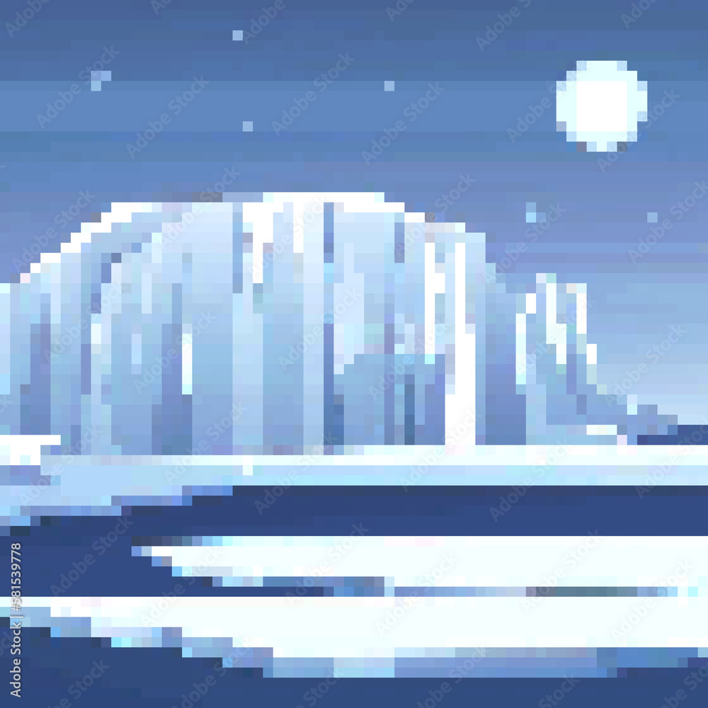 Pixel background arctic snowy landscape icon glacier starry night moon ...