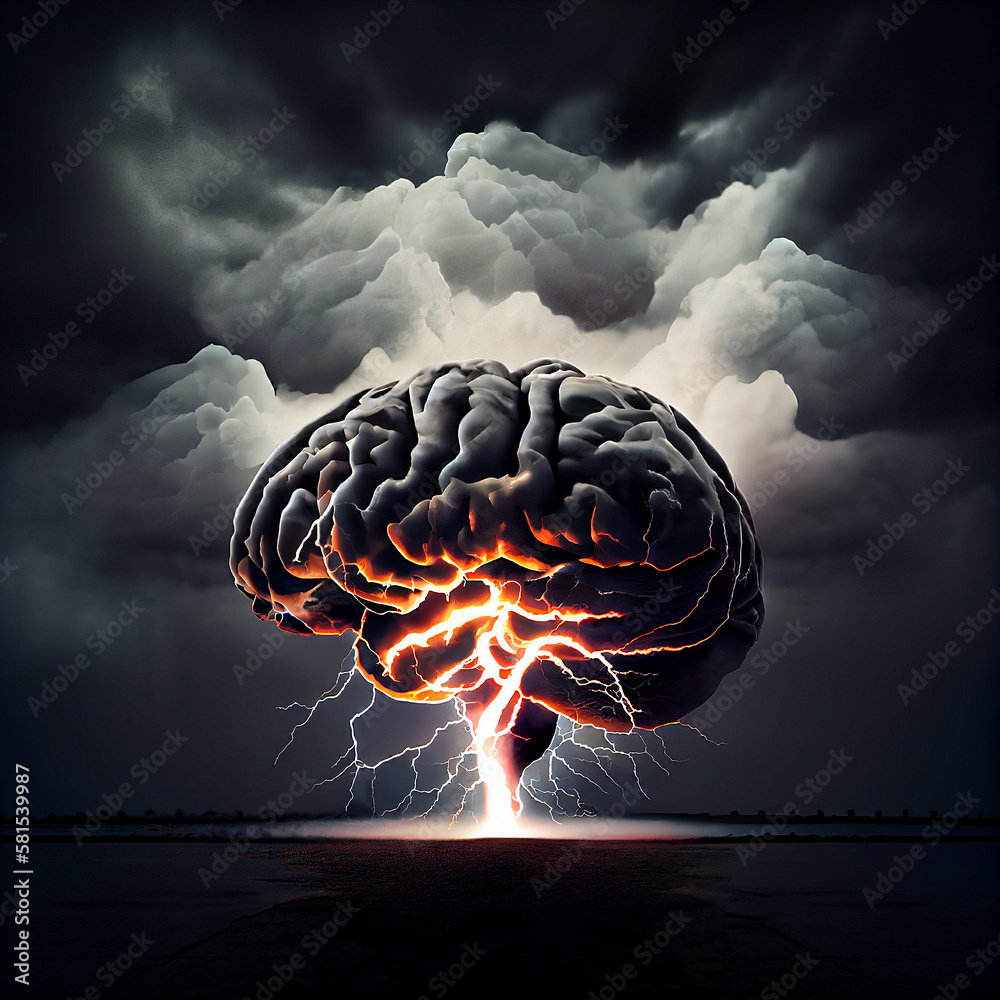 Human brain with lightning, psychological pressure and stress, migrane ...