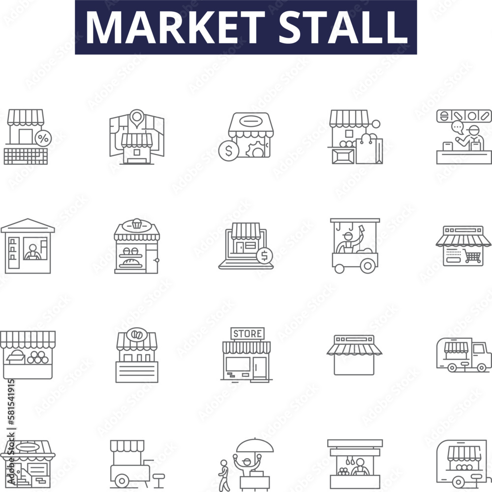 Market stall line vector icons and signs. Market, Vendor, Goods ...