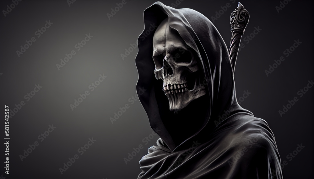 skeleton face in hood, death concept, dark, danger symbol, ai based ...