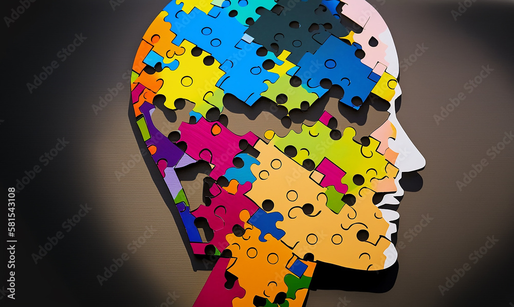 Human head profile and jigsaw puzzle, cognitive psychology or ...