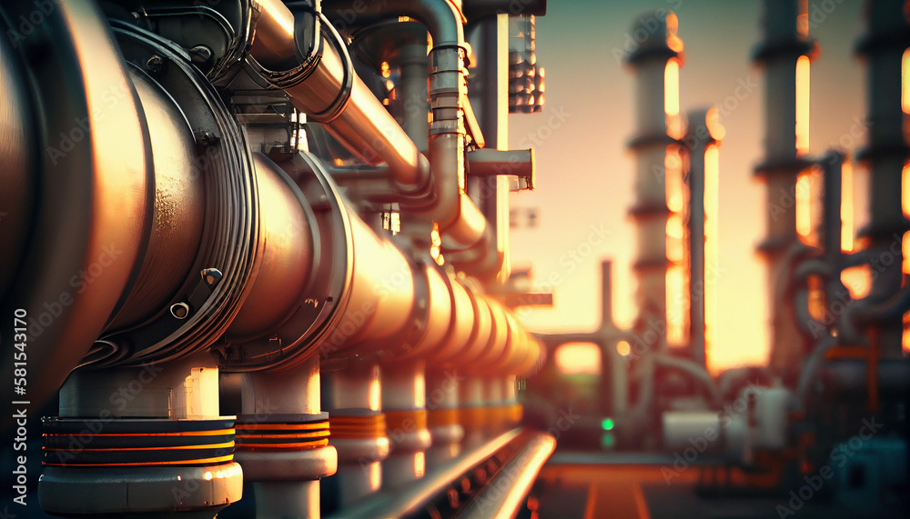 Pipelines in an oil refinery. Created with Generative AI technology ...