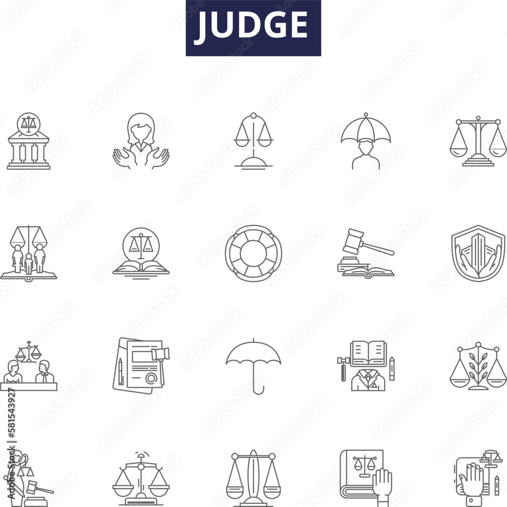 Judge line vector icons and signs. Decide, Assess, Umpire, Adjudge ...