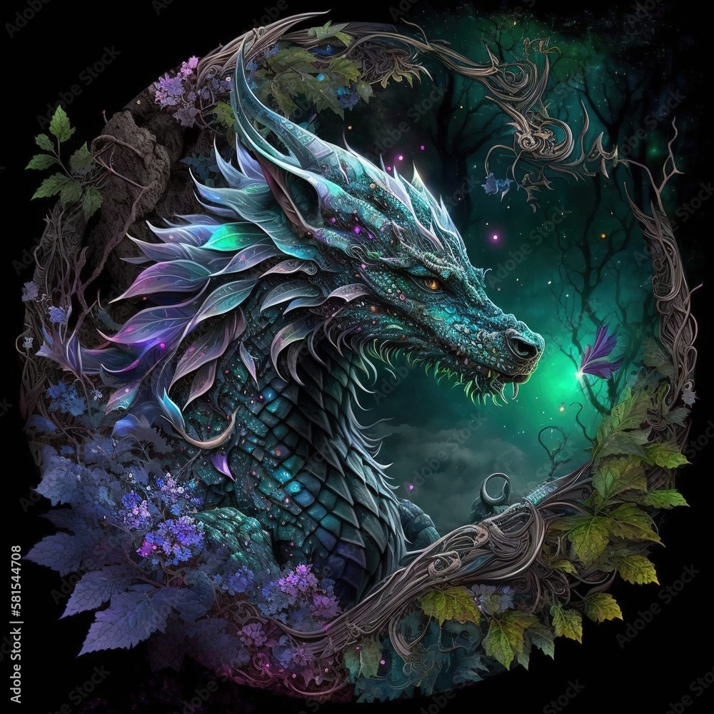 Plakát Colorful dragon with flowers, medieval fantasy, generative ai ...
