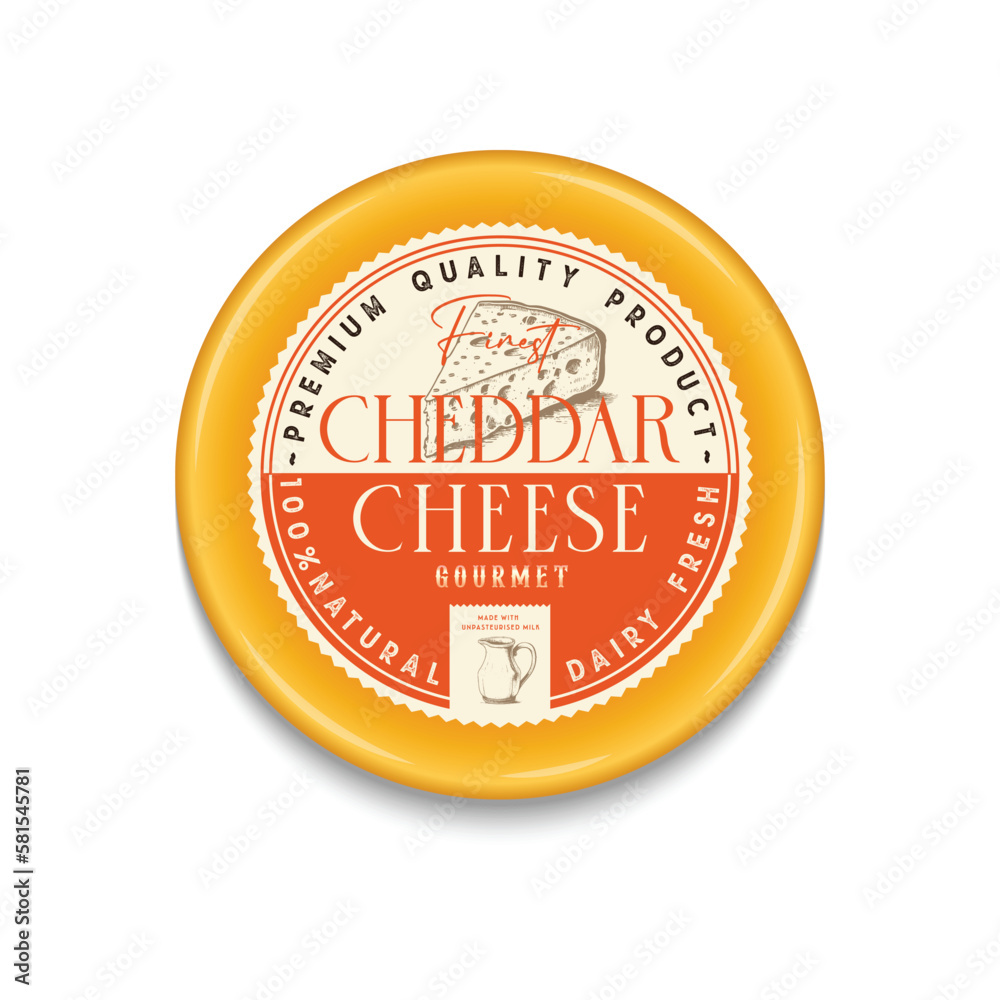 Vector Cheddar Cheese Vintage round label and packaging design template ...