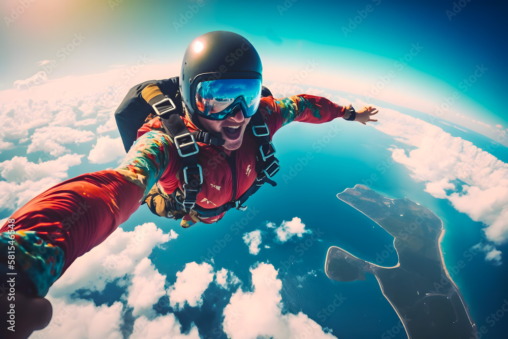 Athlete skydivers selfie take photo jump free fall from an airplane ...