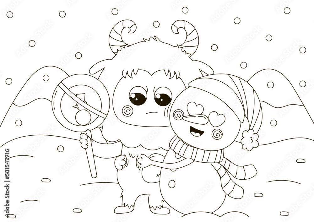 Funny coloring page with cute angry Yeti character holding sign and ...