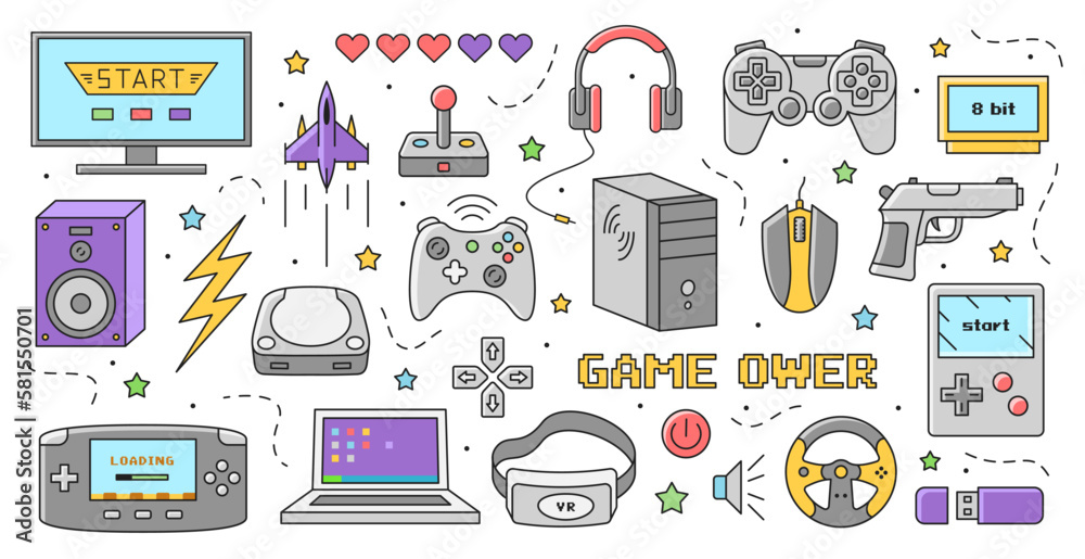 Game items illustration set. Retro stickers set with gamepad ...