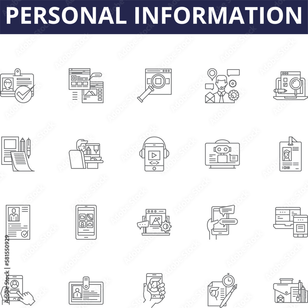 Personal information line vector icons and signs. Data, Address, Name ...