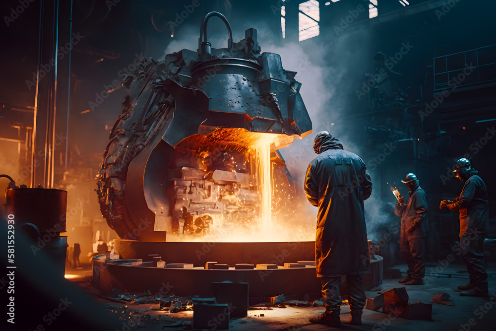 Liquid iron molten metal pouring in container, industrial metallurgical ...