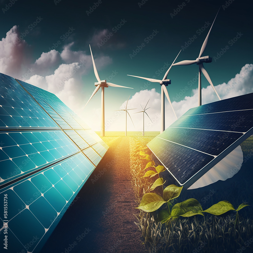 renewable energy banner background with green energy as wind turbines ...