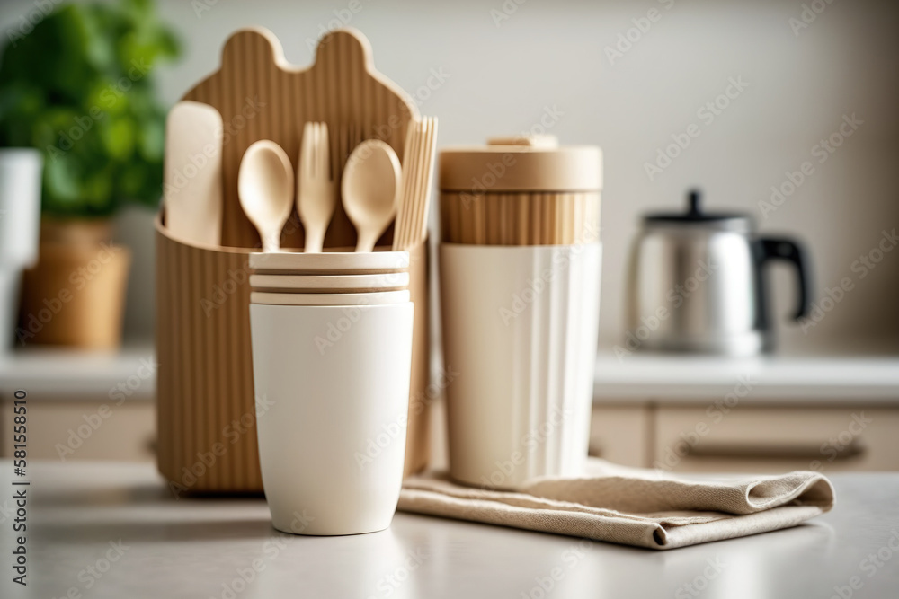 Modern kitchen with bamboo coffee cup and wooden utensils. Bring-your ...