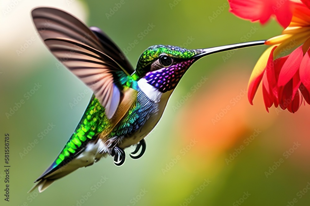Hummingbird in the treetops in a tropical rainforest, bright flowers ...