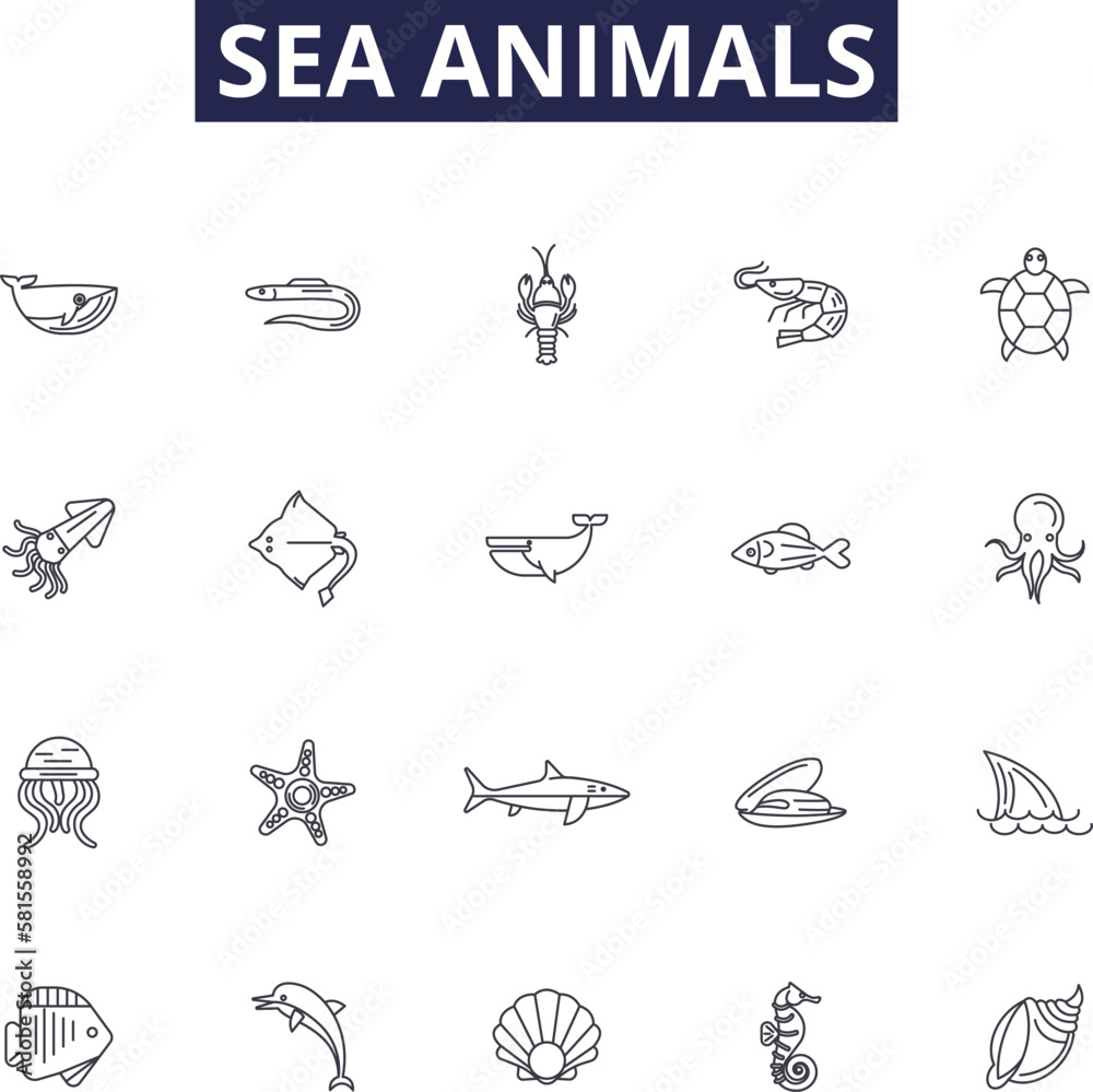 Sea animals line vector icons and signs. Sharks, Whales, Octopuses ...
