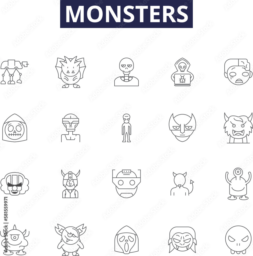 Monsters line vector icons and signs. Lizardmen, Ghouls, Cyclops, Ogres ...