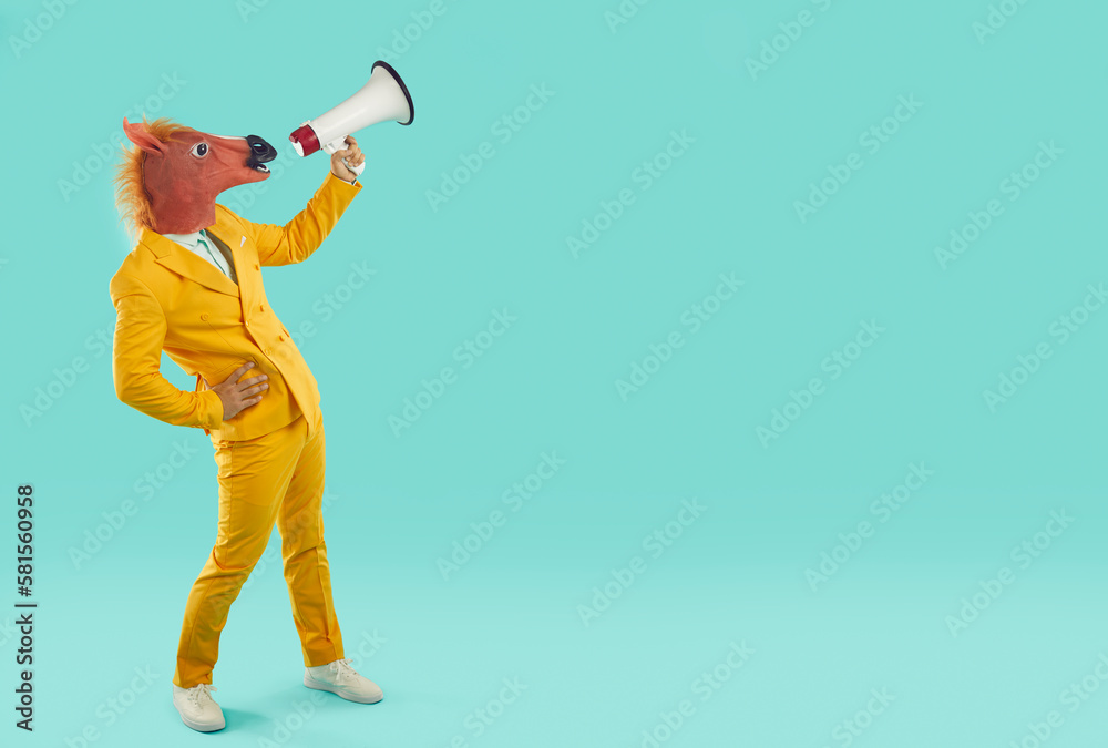 Funny businessman with horse head shouting through megaphone. Full ...