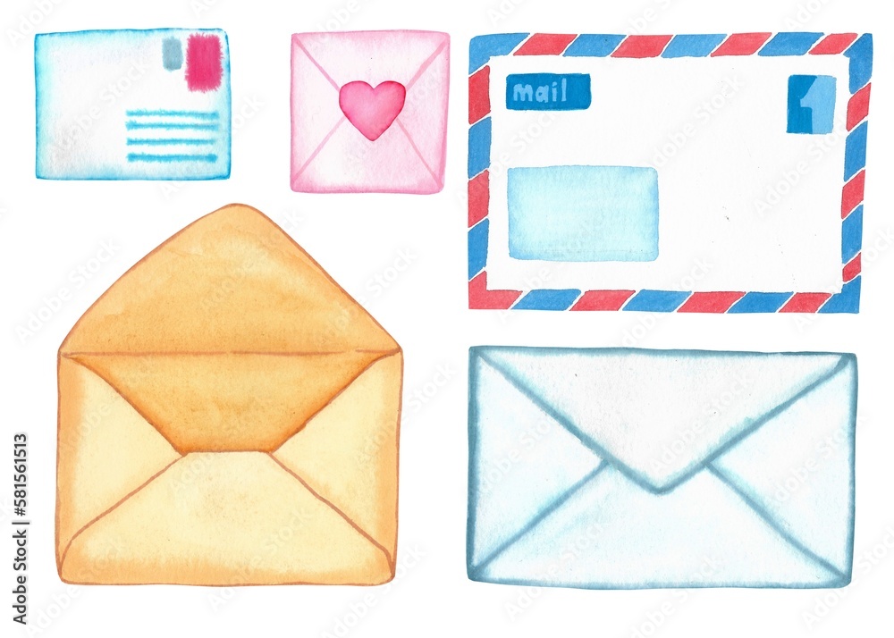 Set of watercolor envelopes drawings of different sizes and formats ...