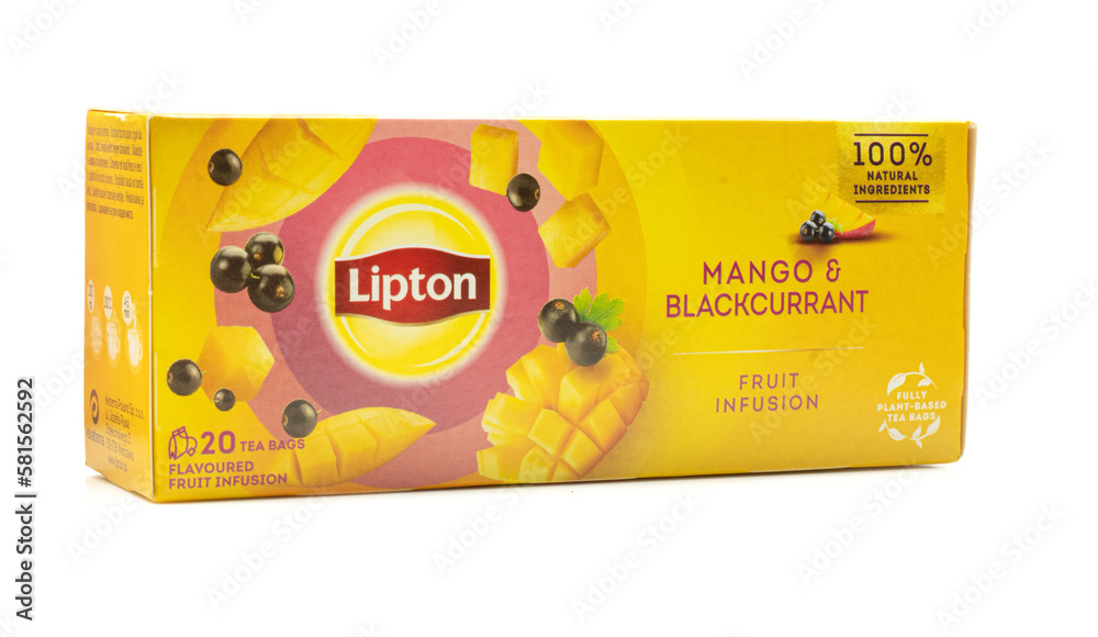 Lipton Mango and blackcurrant tea package isolated on white background ...
