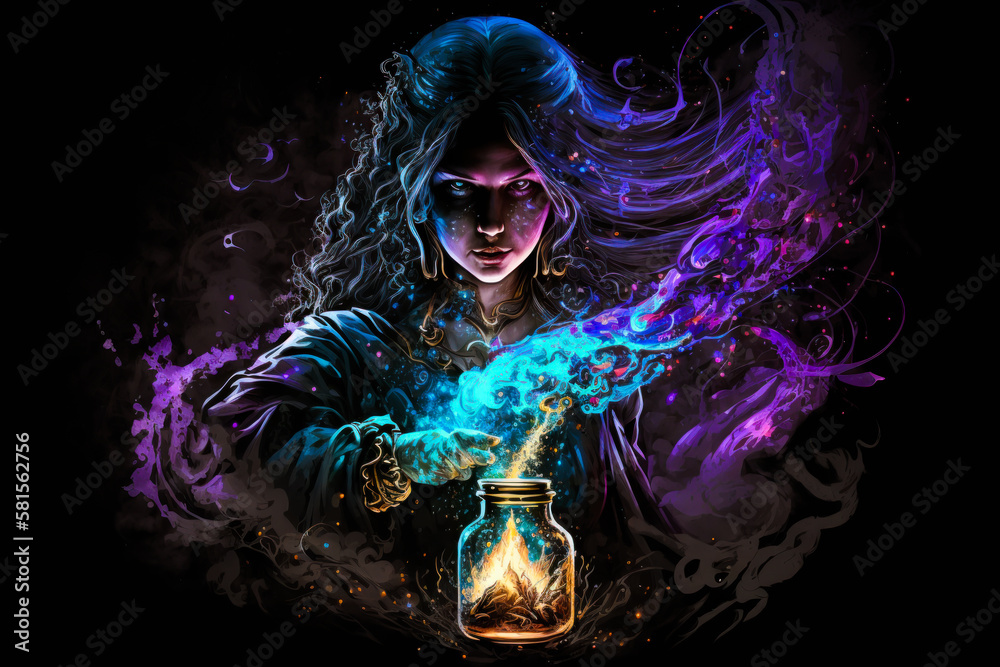 Young female magician in colorful clouds on black background ...