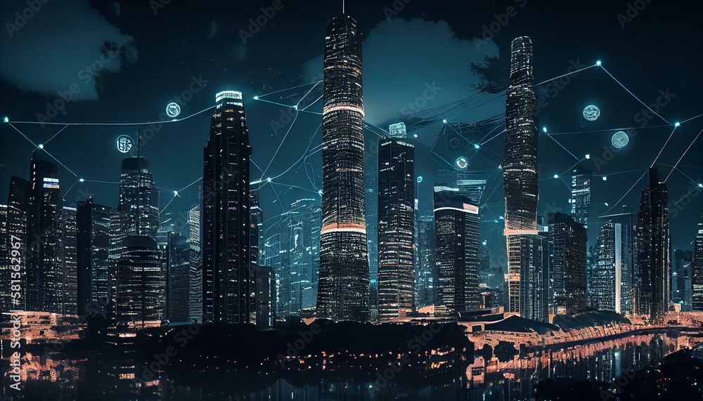 A city skyline at night, with smart buildings and streetlights glowing ...