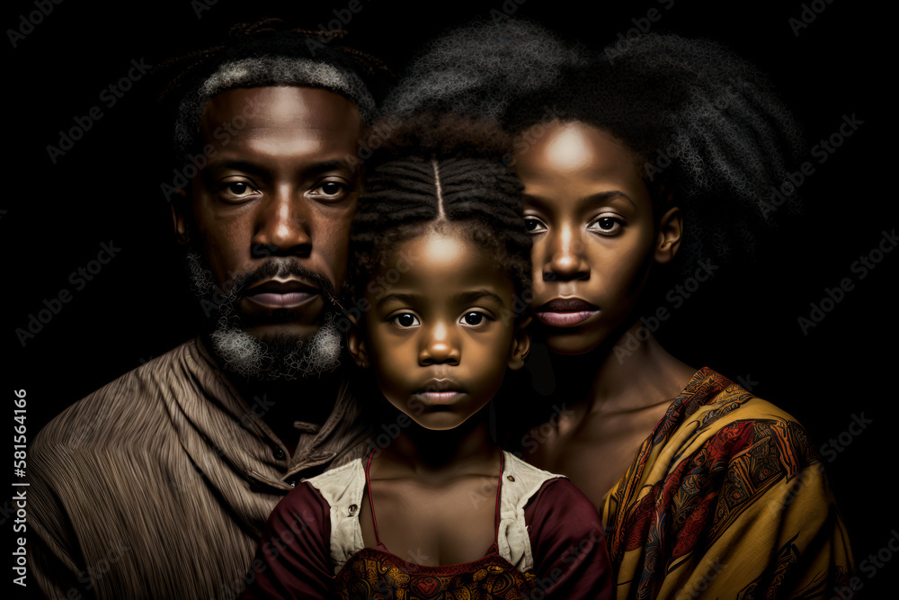 African family photo portrait. Black parents and child posing to camera ...