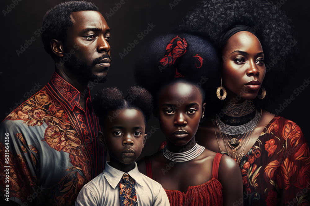 African family photo portrait. Black parents and children posing to ...