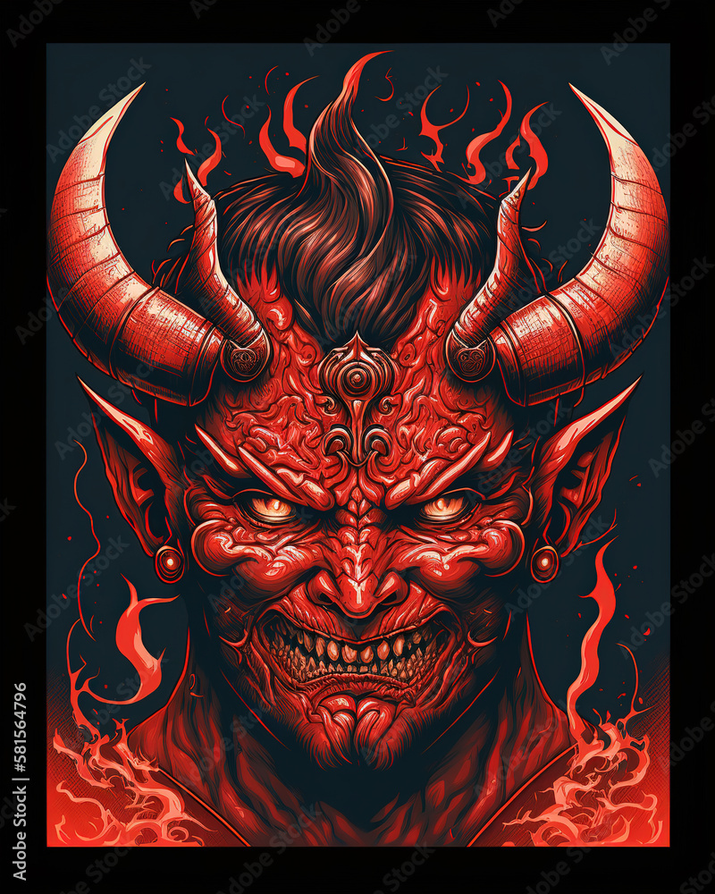 a drawing of a demon mask with horns, oni mask, demon samurai mask, art ...
