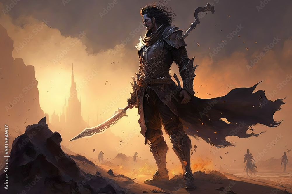 a man that is standing in the dirt with a sword, epic fantasy warrior ...