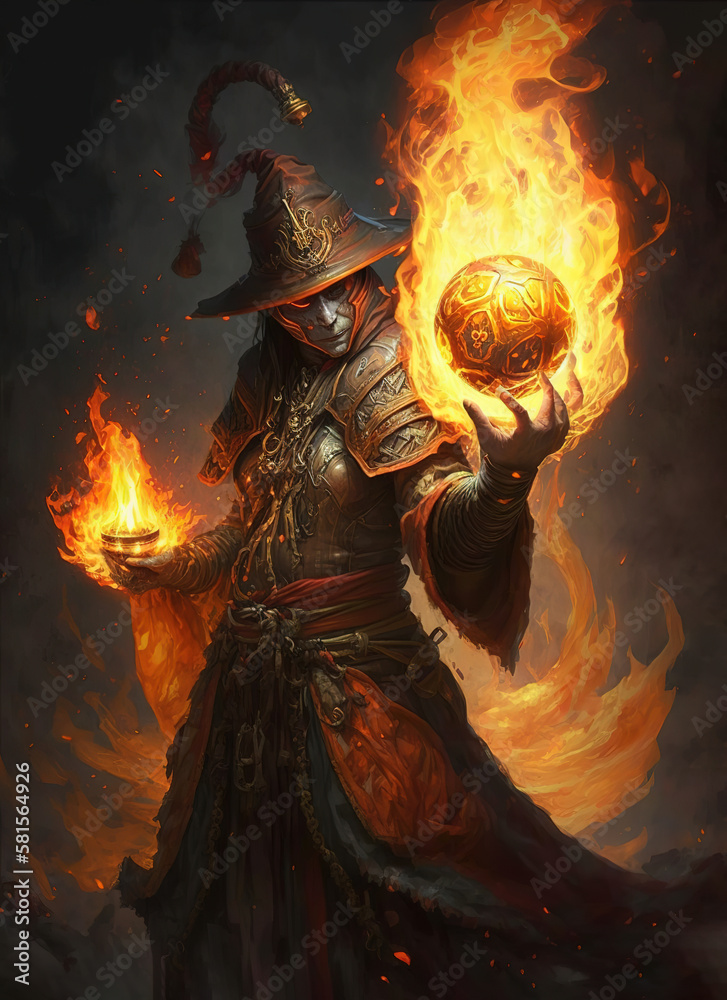 a man with a fire ball in his hand, pyromancer, fire mage, art ...
