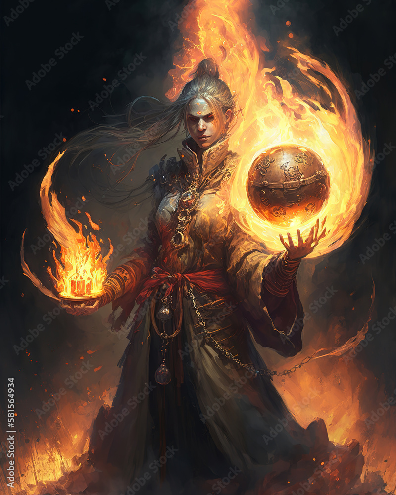 a man with a fire ball in his hand, pyromancer, fire mage, art ...