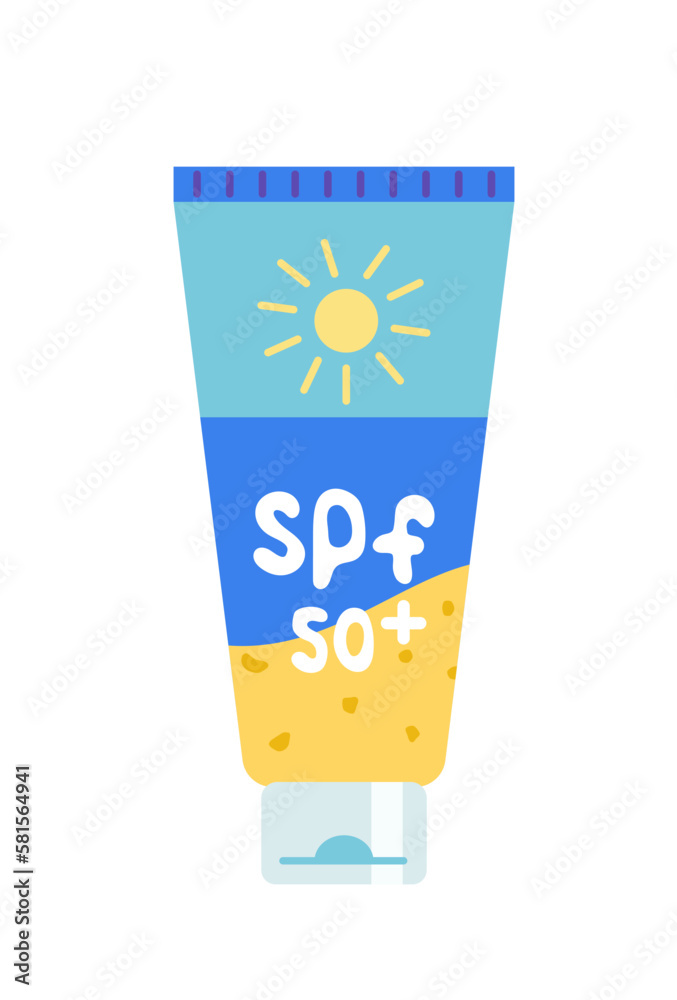 Sunscreen cream spf 50 in tube. Sun safety cosmetic. Flat, cartoon ...