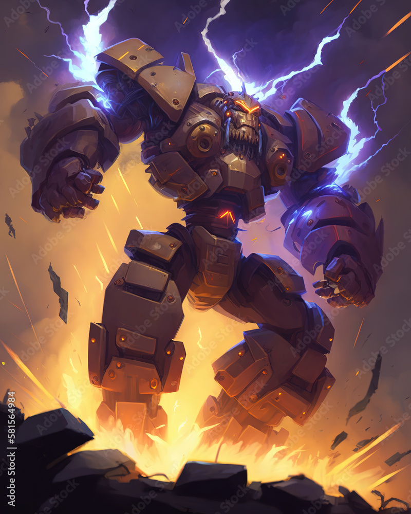 a painting of a giant robot with lightning coming out of it, fire golem ...