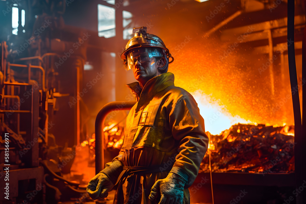 Worker operates at the metallurgical plant. The liquid metal is poured ...
