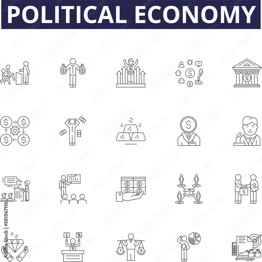 Political economy line vector icons and signs. Economy, Society, System ...