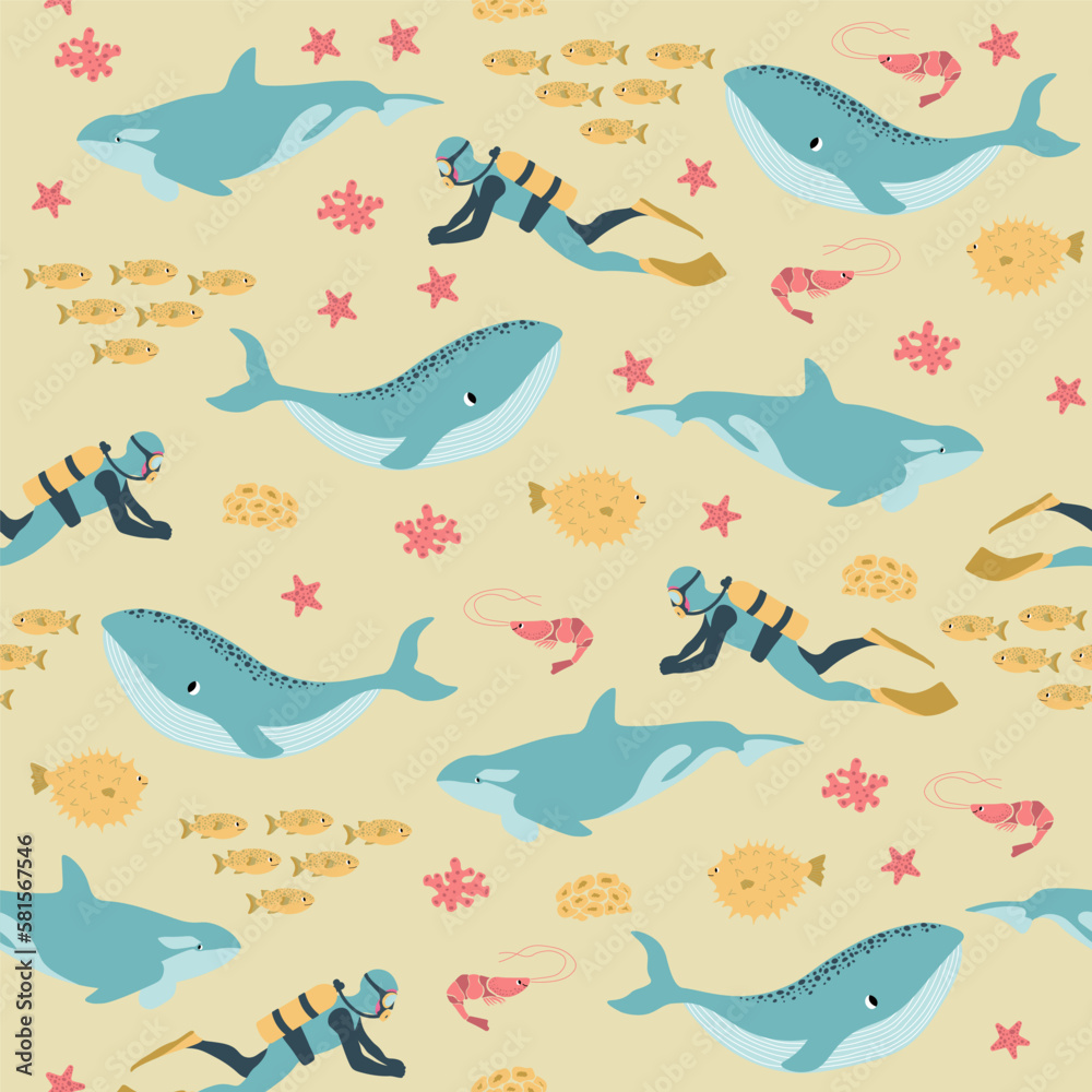 Vector seamless pattern with whale, killer whale, diver, shrimp, algae ...