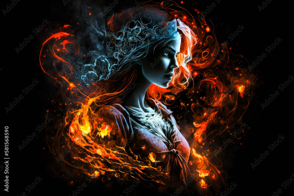 Female fire magician on black background, Generative AI. Fire witch ...