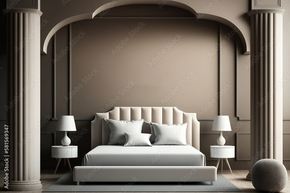 Interior of a bedroom with a bed supported by pillars, an armchair, and ...
