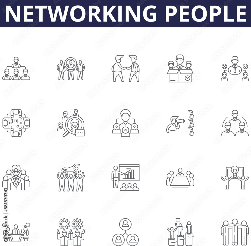 Networking people line vector icons and signs. Networking, Interacting ...