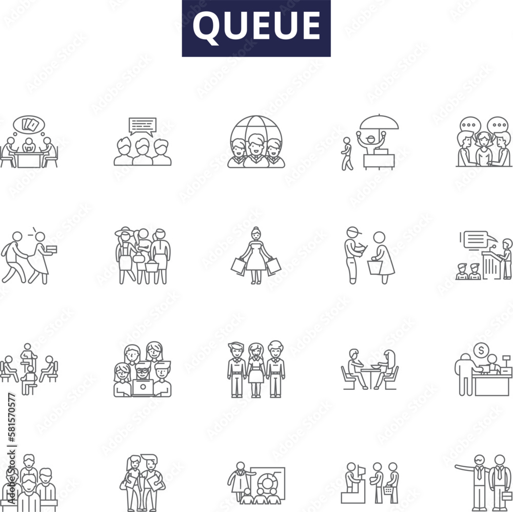 Queue line vector icons and signs. Wait, , Row, FIFO, Process, Priority ...