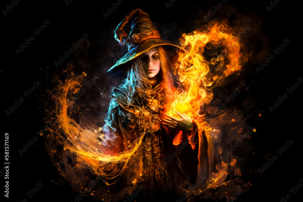 Female fire magician on black background, Generative AI. Fire witch ...