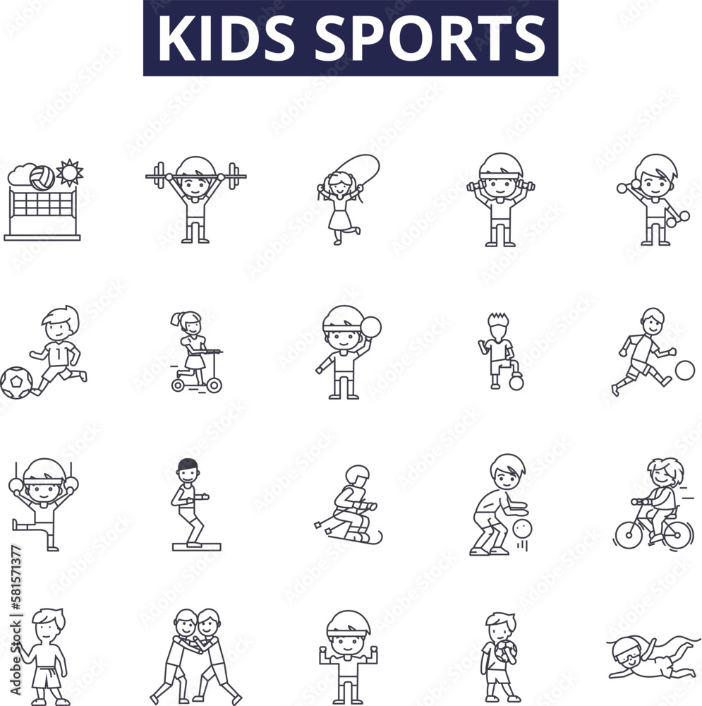 Kids sports line vector icons and signs. Baseball, Basketball, Soccer ...