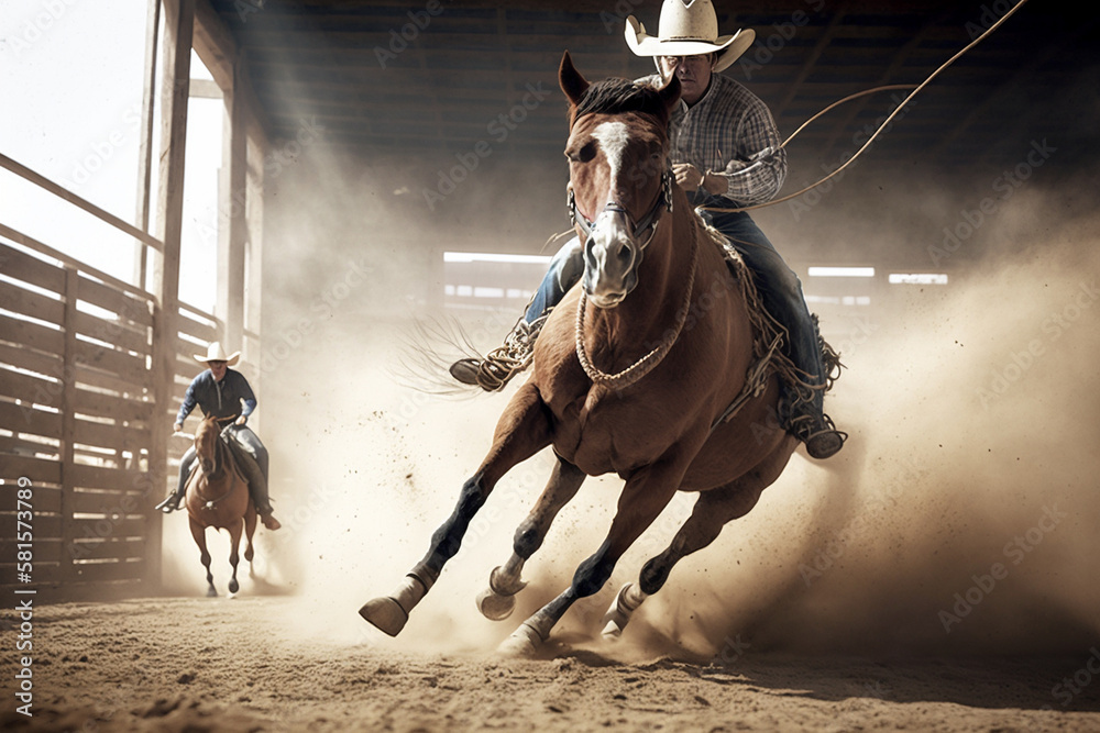 Cowboy riding a bucking bronco horse in a dusty rodeo arena, generative ...