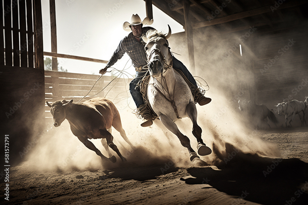 Photo & Art Print Cowboy about to lasso a running calf in a calf roping ...