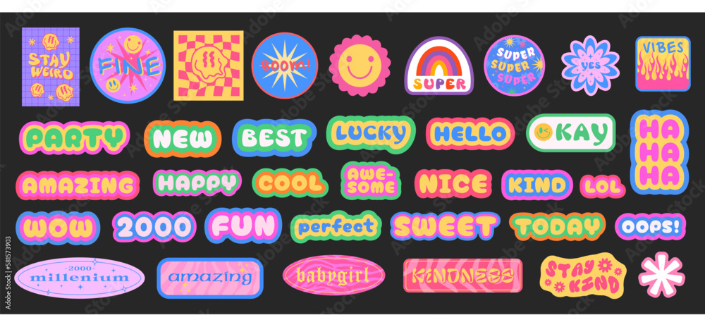 Cool Y2K Stickers Vector Pack. Set of Trendy Groovy Patches. Pop Art ...