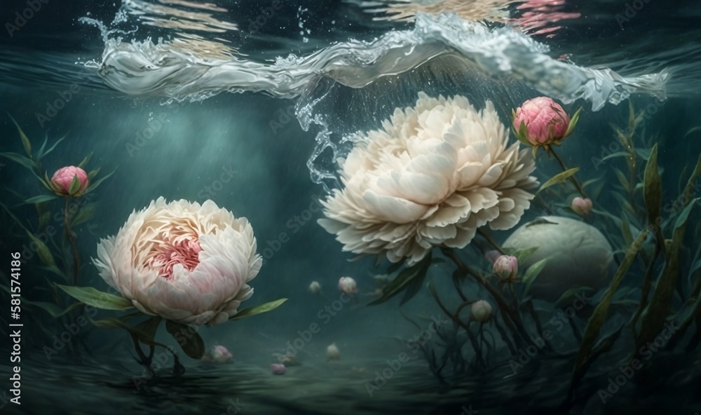 Peony flowers under water close up ai generative Stock Illustration | Adobe Stock