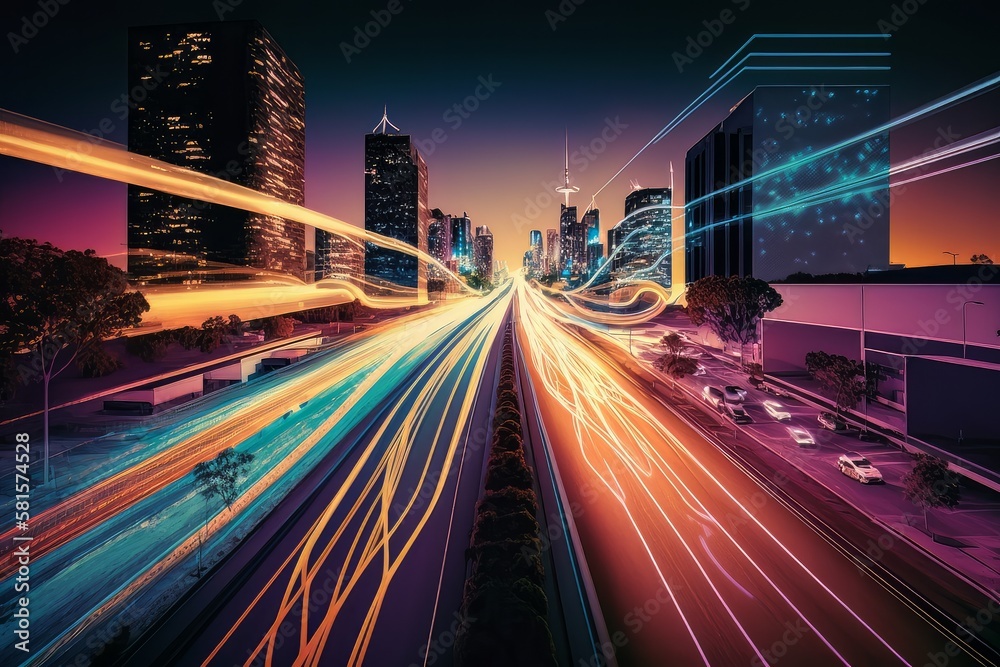 Smart digital city with high speed light trail of cars of digital data ...