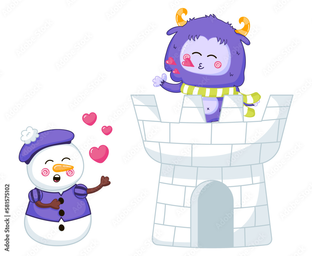 Funny Yeti mascot character blowing kiss to snowman which sing love ...