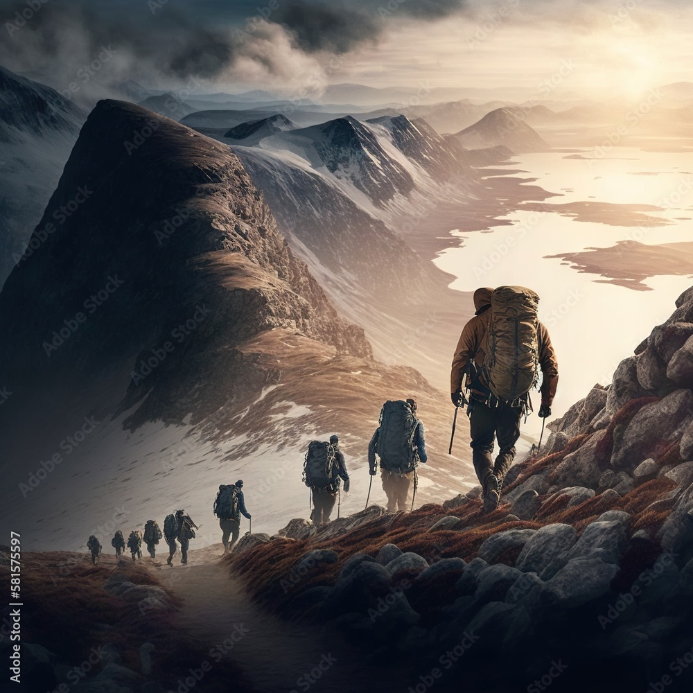 Teamwork and Adventure: Group of People Hiking Together in the ...